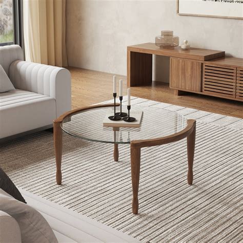 Glass Round Coffee Table Mcm Solid Ash Wood Walnut Table For Living