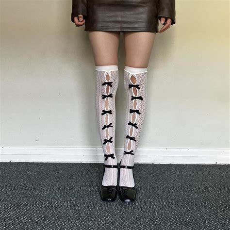 Listing For Mha 001 Grey Wool Blend Socks Bow Depop