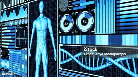 8k 3d 렌더링 인체 및 Dna 이중 나선 스캔 분석 추상 의료 미래 지향적 Hud 디스플레이 화면 인터페이스 Ver3 3차원