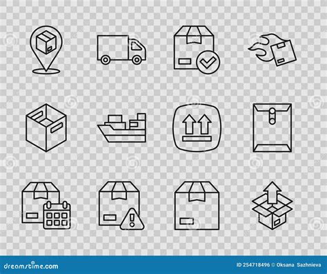 Set Line Cardboard Box With Calendar Unboxing Ackage Check Mark