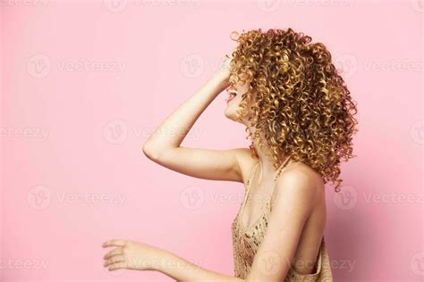 Sexy Model Curly Hair Pink Background Studio Side View Sequin Shirt 23769923 Stock Photo At Vecteezy