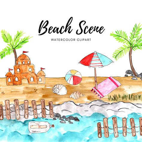 Watercolor Beach Clipart Summer Beach Scene Creator Clip Art Etsy