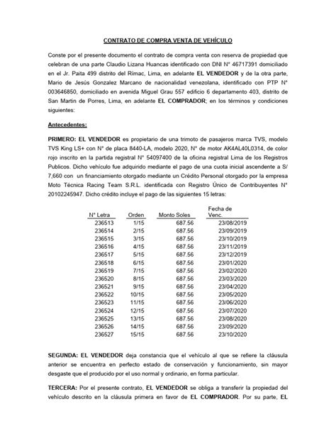 Contrato De Compra Venta Moto Pdf Propiedad Ley Común