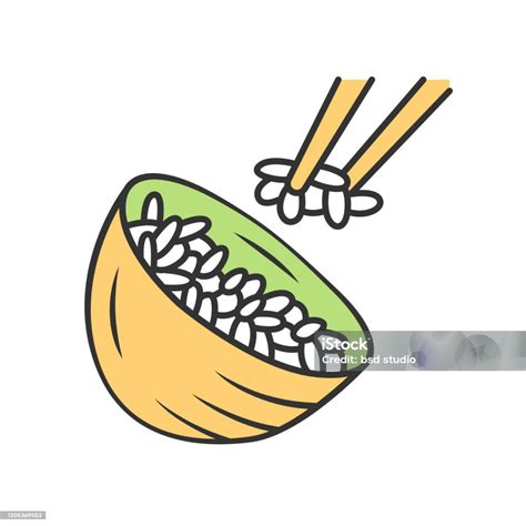 쌀 색 아이콘입니다 일본 음식 흰 쌀과 그릇 초밥 스프링 롤 성분 천연 유기농 식품 이탈리아 요리 리조또 주방 식기 격리 벡터 일러스트레이션 로고에 대한 스톡 벡터 아트 및