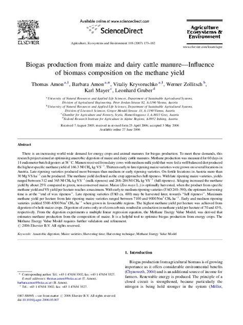 Pdf Biogas Production From Maize And Dairy Cattle Manure—influence Of