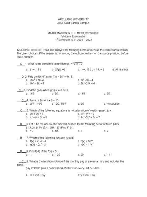 Math In The Modern World Midterm Exam Pdf Function Mathematics Mathematics
