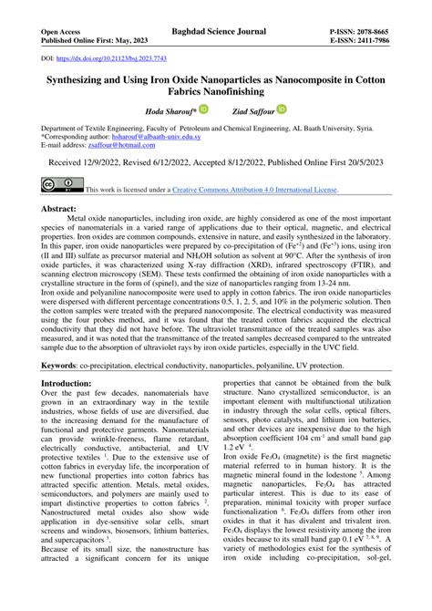 Pdf Synthesizing And Using Iron Oxide Nanoparticles As Nanocomposite In Cotton ‎fabrics