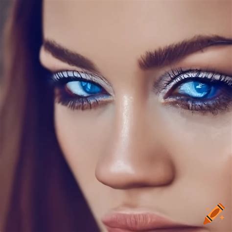 Beautiful Woman With Tan Skin And Blue Catlike Eyes