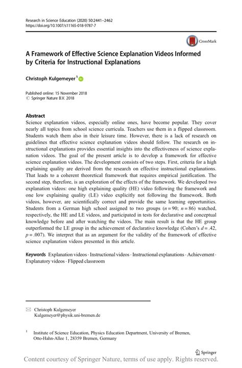 A Framework Of Effective Science Explanation Videos Informed By Criteria For Instructional