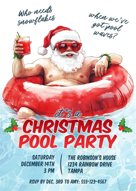 Christmas Pool Party Invitation Editable Diy Xmas Invite With Santa Chilling In The Pool Pool