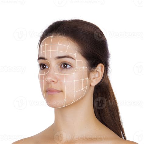 Woman With Serene Expression Has Digital Grid Overlay On Her Face
