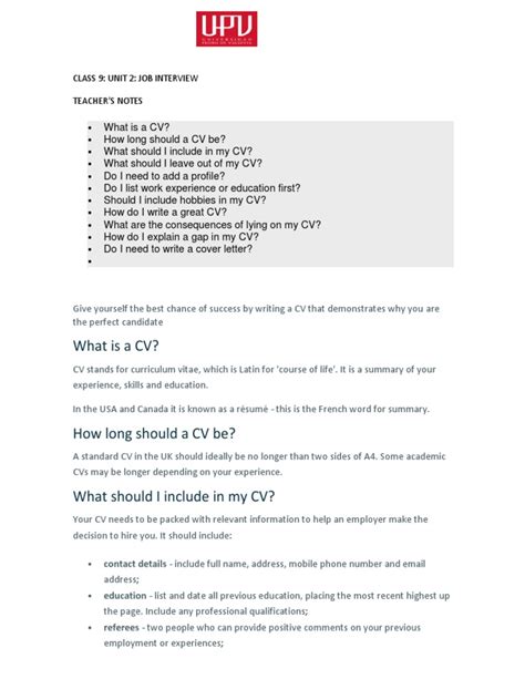 What Is A Cv Class 9 Unit 2 Job Interview Teachers Notes Pdf