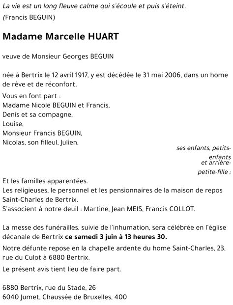 Avis De Décès De Marcelle Huart Décédé Le 31052006 à Bertrix