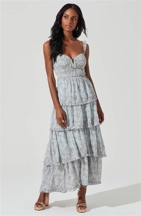 Flutter Strap Floral Tiered Maxi Dress Light Blue Floral L Tiered