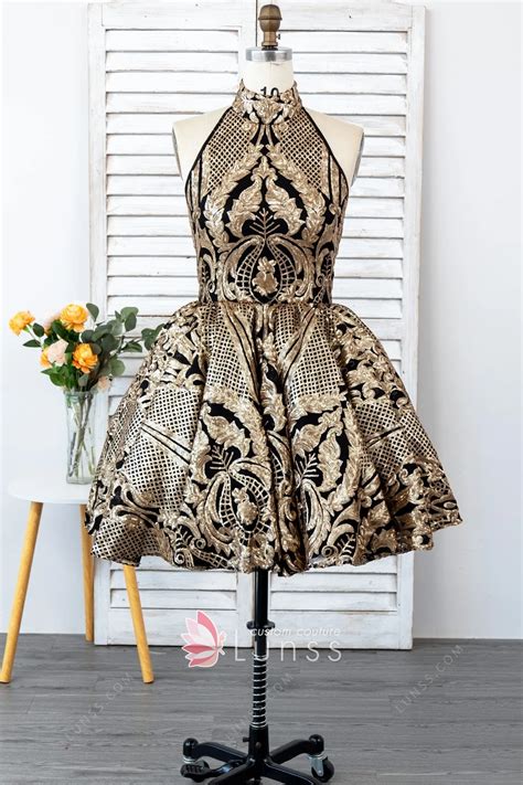 Black And Gold Sequin And Tulle Choker Neck Cocktail Gown Lunss