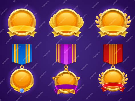 게임 레벨 Ui 아이콘 세트 배너 날개 별 및 월계관이 있는 빈 황금 메달 격리된 상 프레임 또는 보너스 그래픽 요소