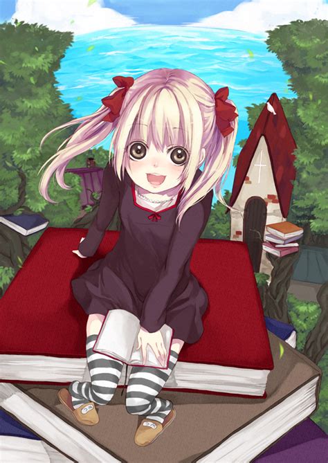 Safebooru Bad Id Blonde Hair Blush Book Brown Eyes Dress Hair Ribbon