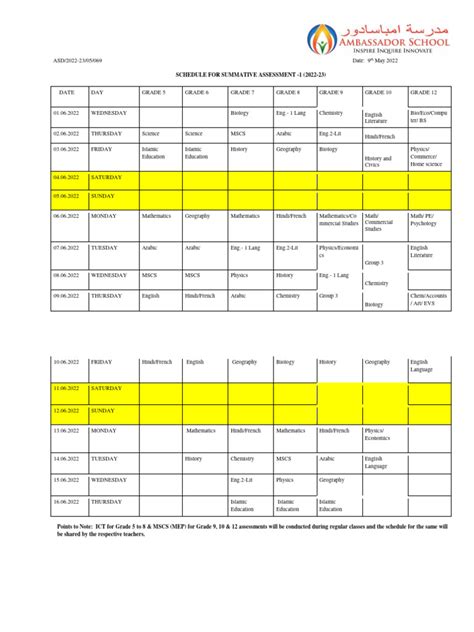 Schedule For Summative Assessment 1 2022 23 Pdf