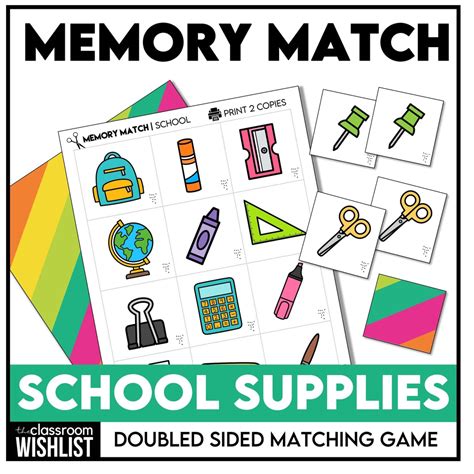 School Supplies Classroom Vocabulary Memory Match Game 24 Picture Ca