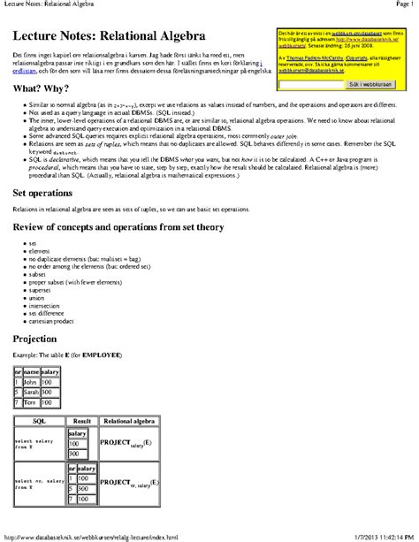 Relational Algebra Lecture Notes Det Här är Ett Avsnitt I En Webbkurs Om Databaser Som Finns