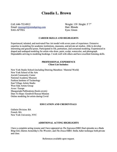 Fine Art Modeling Resume Claudia L Brown