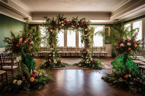 Assorted Greenery And Floral Arrangements For A Vibrant Ceremony Backdrop Stock Illustration
