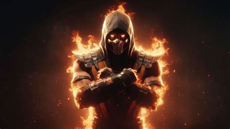 Обои на рабочий стол Скорпион Scorpion в огне на темном фоне из игры