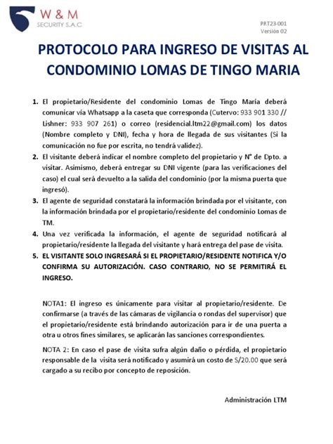Protocolo Para Ingreso De Visitas Pdf