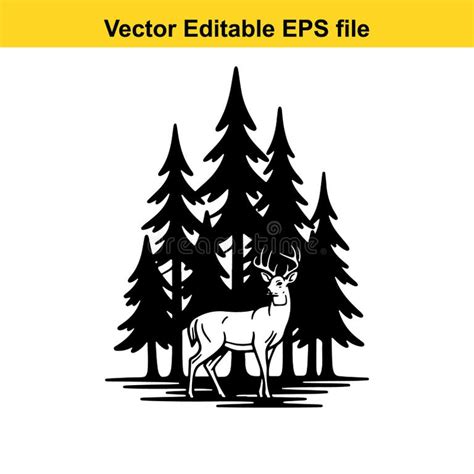 Black And White Illustration Of A Deer Standing In Front Of Pine Trees