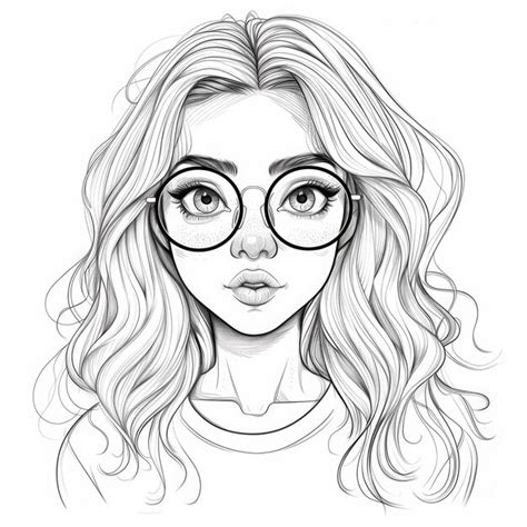 Coloring Page Line Art Portrait Of A Woman With Long Hair And Round