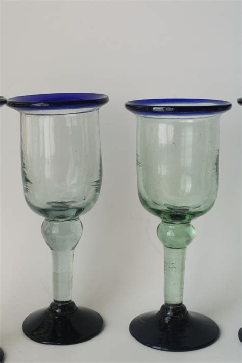 Handcrafted Mexican Blown Glass Goblets Wonky Chunky Big Wine Glasses Rustic Boho Retro