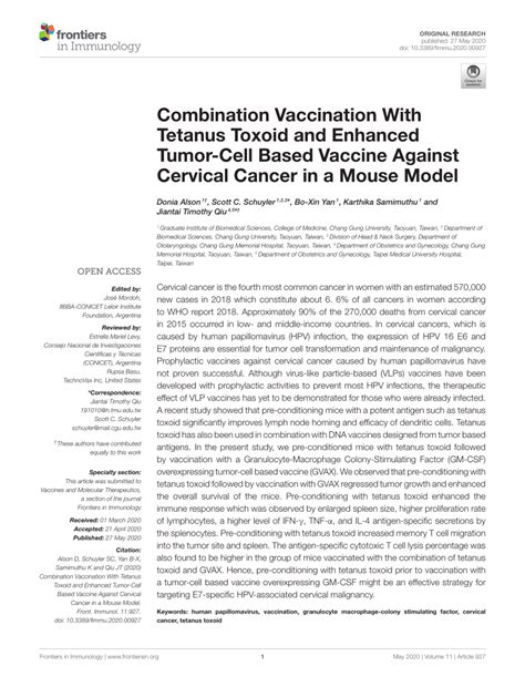 Pdf Combination Vaccination With Tetanus Toxoid And Enhanced Tumor