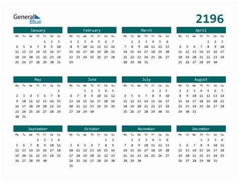 2196 Full Year Calendar With Monday Start