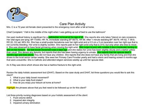 Care Plan Activity Care Plan Care Plan Activity Mrs C Is A 72 Year