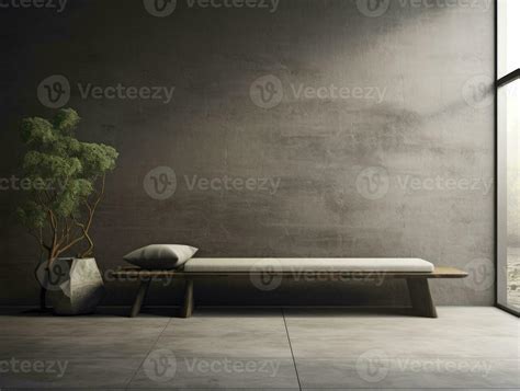 AI Generated Bench With Decorative Plant On Concrete Wall Background Stock Photo At