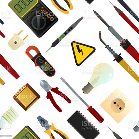 전기 기술자를위한 도구 무선 전자 및 마이크로 프로세서 장비의 수리 예비 부품 구성 요소 및 서비스 흰색 배경에 고립되어 있습니다 원활한 패턴 벡터 0명에 대한 스톡 벡터