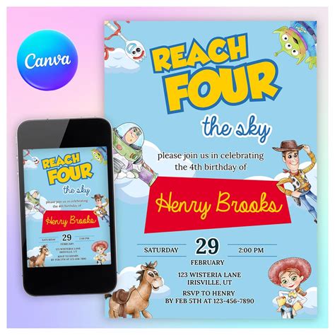Toy Story 4th Birthday Invitation Reach For The Sky Canva Template