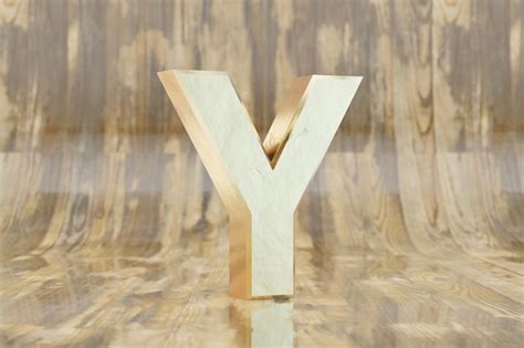 골드 3d 문자 Y 대문자입니다 광택 젖은 나무 배경에 황금 편지입니다 결함이 있는 황금 알파벳입니다 3d 렌더링된 글꼴 문자입니다 프리미엄 사진