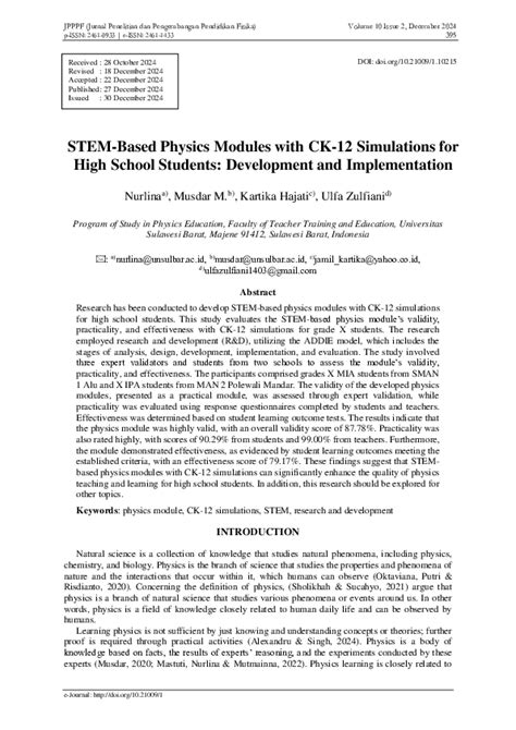 Pdf Stem Based Physics Modules With Ck 12 Simulations For High School
