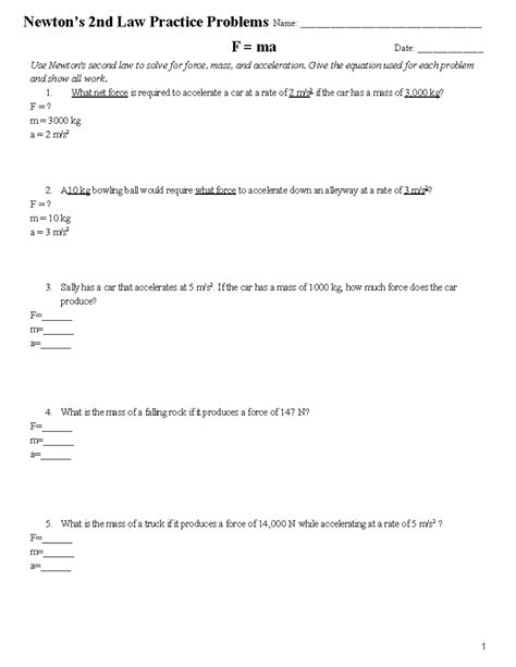 Newtons 2nd Law Practice Problems For Honors Physics Objective 9