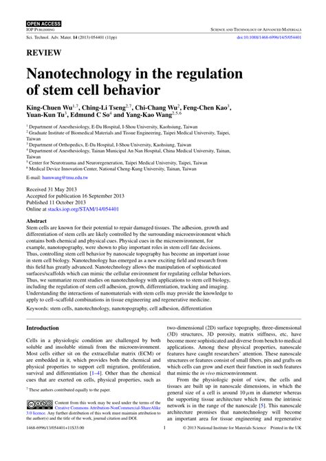 Pdf Nanotechnology In The Regulation Of Stem Cell Behavior