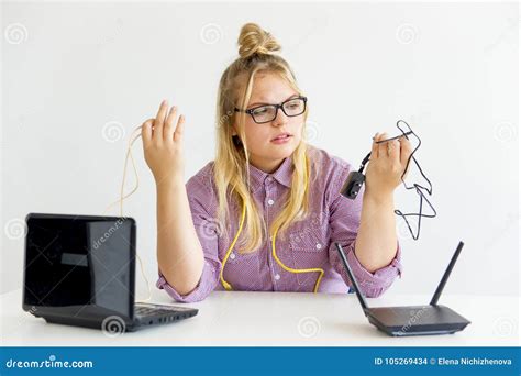 Girl Fixing The Router Stock Photo Image Of Professional