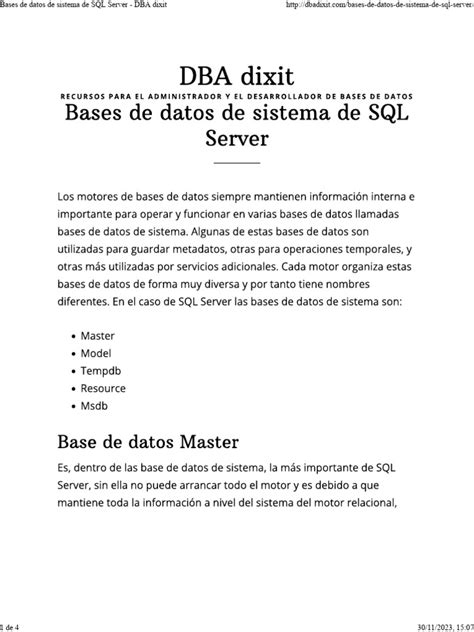Bases De Datos De Sistema De Sql Server Dba Dixit Pdf
