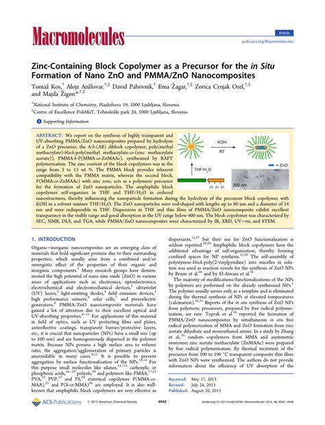 Pdf Zinc Containing Block Copolymer As A Precursor For The In Situ