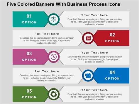 Five Colored Banners With Business Process Icons Flat Powerpoint Design Graphics Presentation