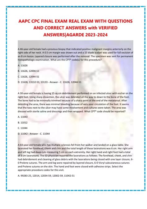 AAPC CPC FINAL EXAM REAL EXAM WITH QUESTIONS AND CORRECT ANSWERS With VERIFIED ANSWERS AGARDE