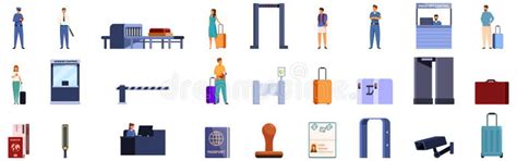 Passport Border Control Icons Set Airport Security Check With