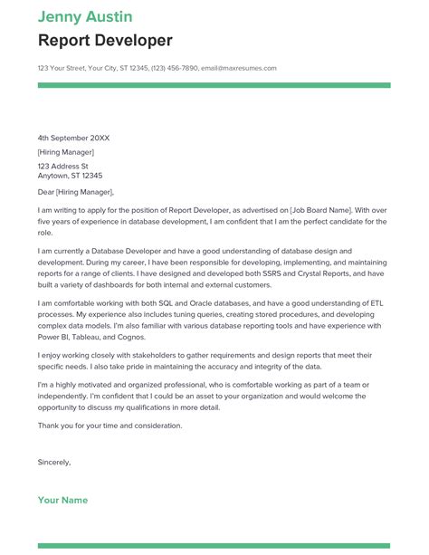 Best Report Developer Cover Letter Example For 2023