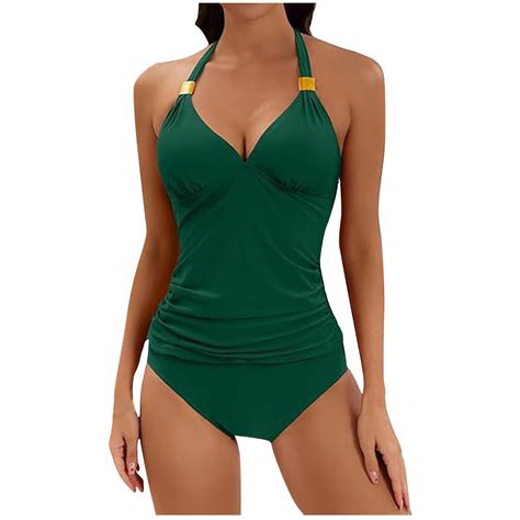 Efsteb Halter Tankini Swimsuit For Women V Neck Ruched Solid Color