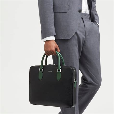 Slim Leather Briefcase In Black And Green Saffiano Aspinal